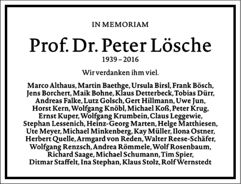 Traueranzeigen von Peter Lösche | Frankfurter Allgemeine Lebenswege