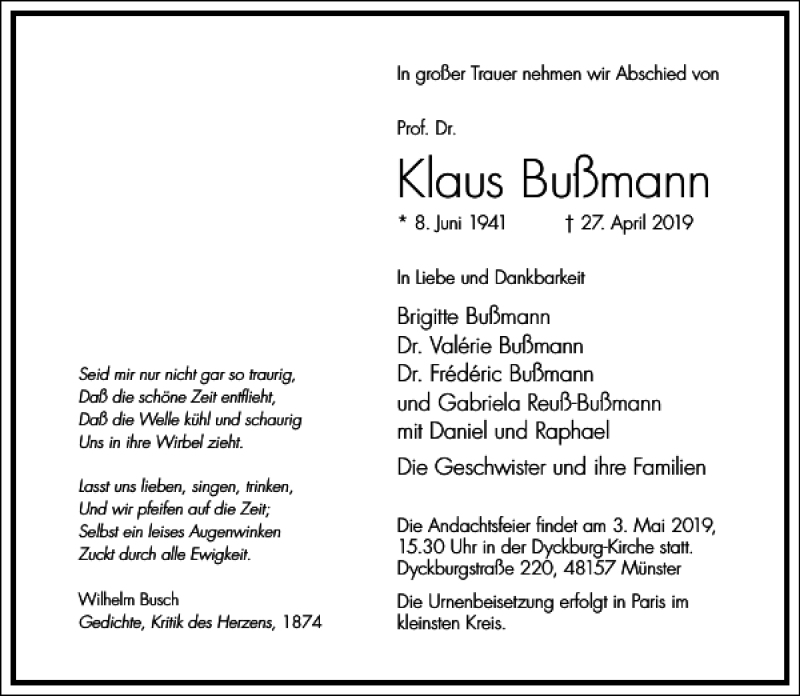 Traueranzeigen von Klaus Bußmann | Frankfurter Allgemeine Lebenswege
