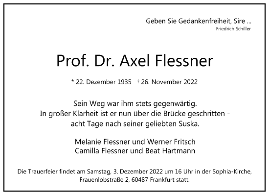 Traueranzeigen von Axel Flessner | Frankfurter Allgemeine Lebenswege