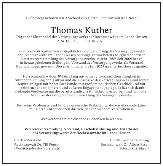 Traueranzeigen von Thomas Kuther | Frankfurter Allgemeine Lebenswege